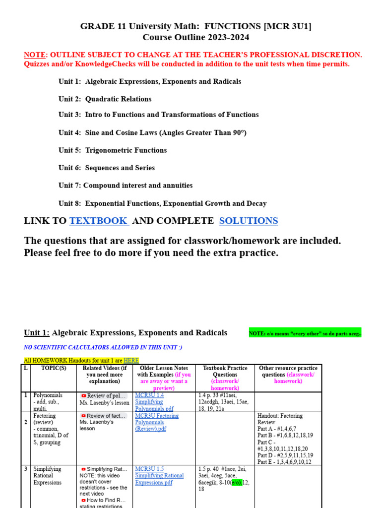MCR3U Lasenby Course Outline 2023-2024 | PDF | Trigonometric Functions ...