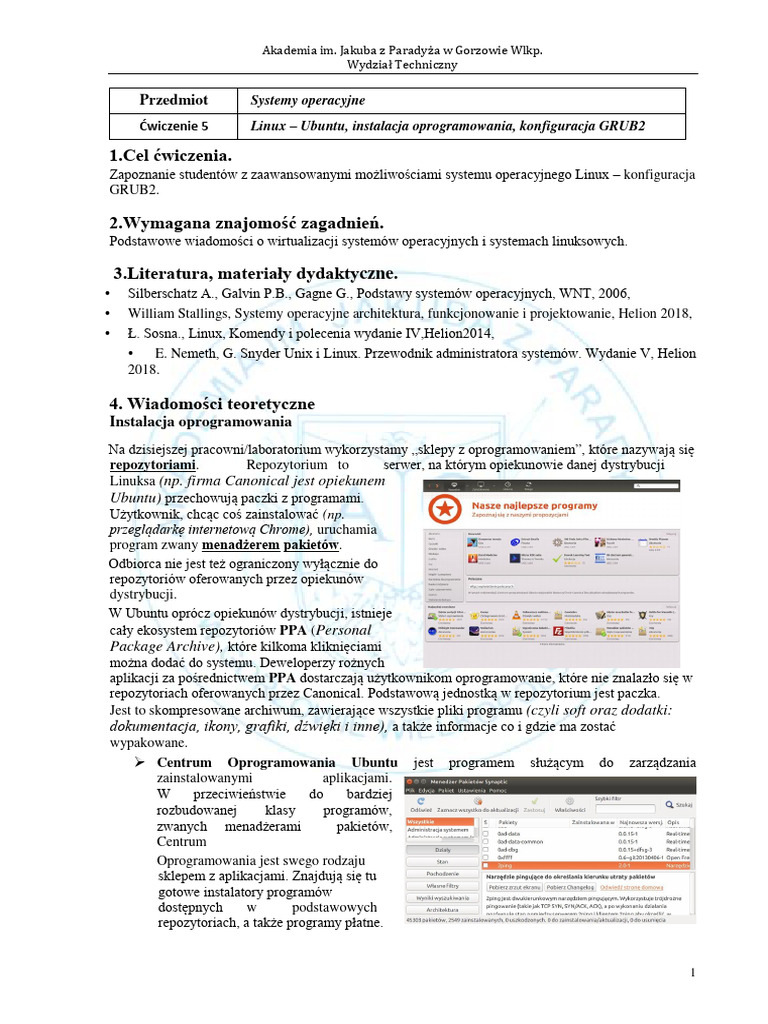 Ćwiczenie 5 - Ubuntu - Aplikacje - GRUB2 - 2023 - 2024 - GL1 | PDF