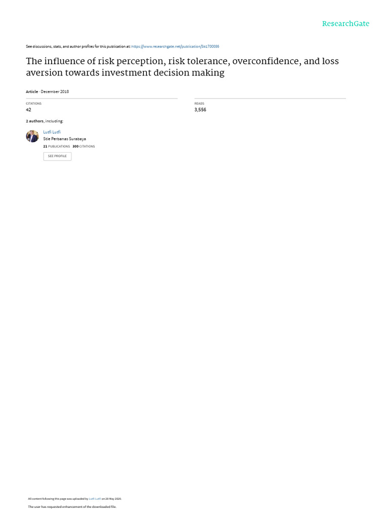 The In Uence Of Risk Perception Risk Tolerance Overconfidence And Loss Aversion Towards