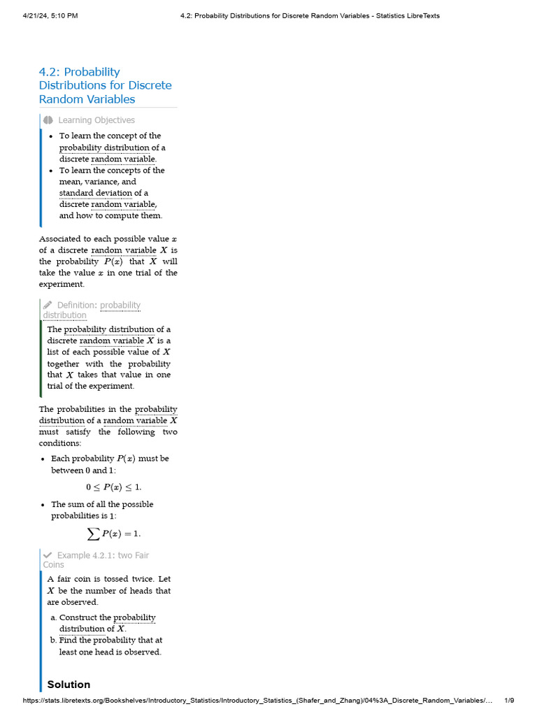 4.2 - Probability Distributions For Discrete Random Variables - Statistics LibreTexts | PDF ...