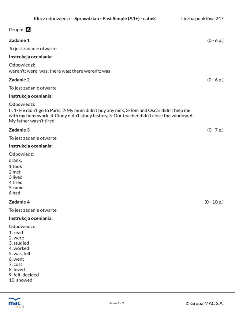 Past Simple Test Answer Key A1+ | PDF