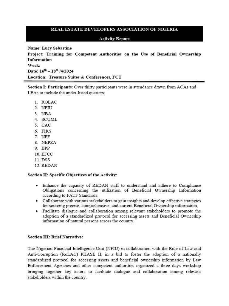 Activity Report On 3 Days Training For Competent Authorities On Use of Beneficial Ownership ...