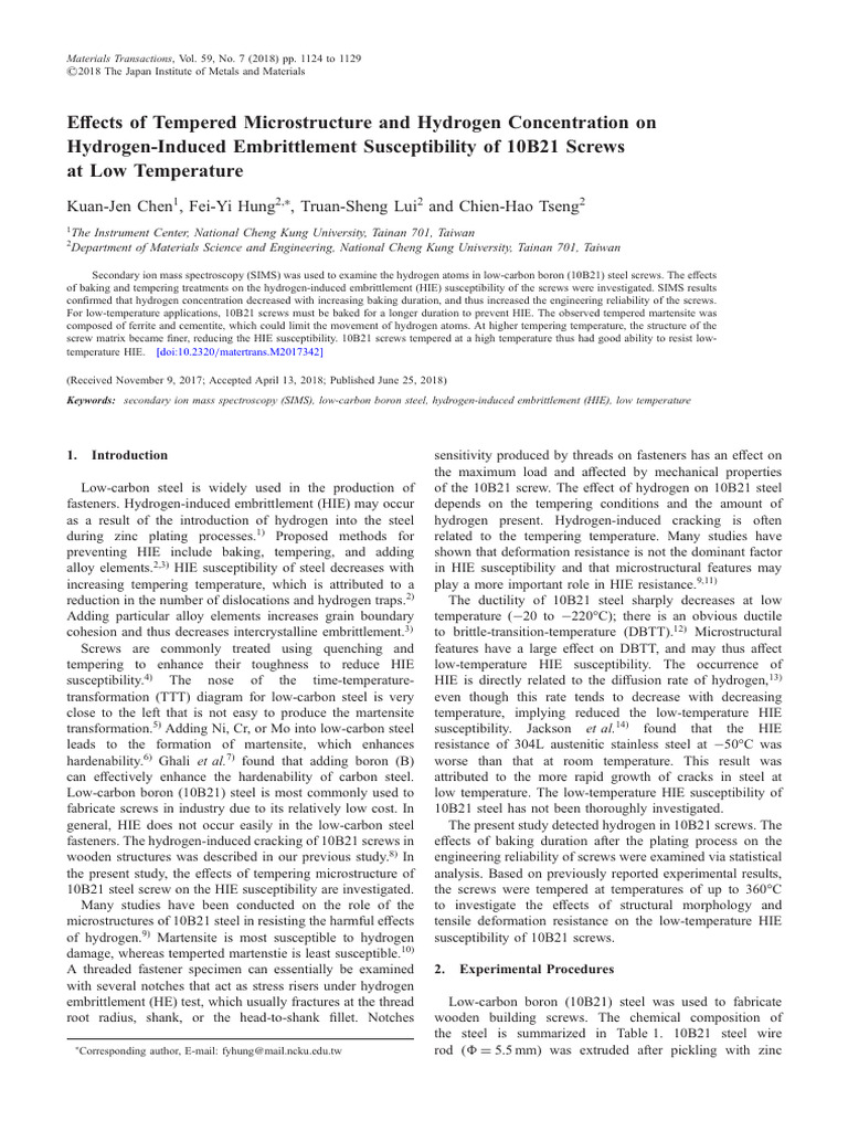 Effects of Tempered Microstructure and Hydrogen Concentration On HE C10B21 Screw | PDF | Steel ...