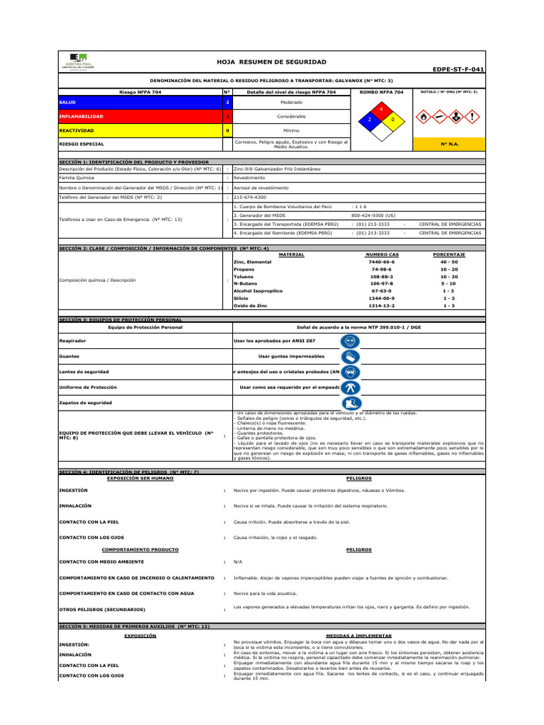 MSDS - Galvanox | PDF | Agua | Combustión