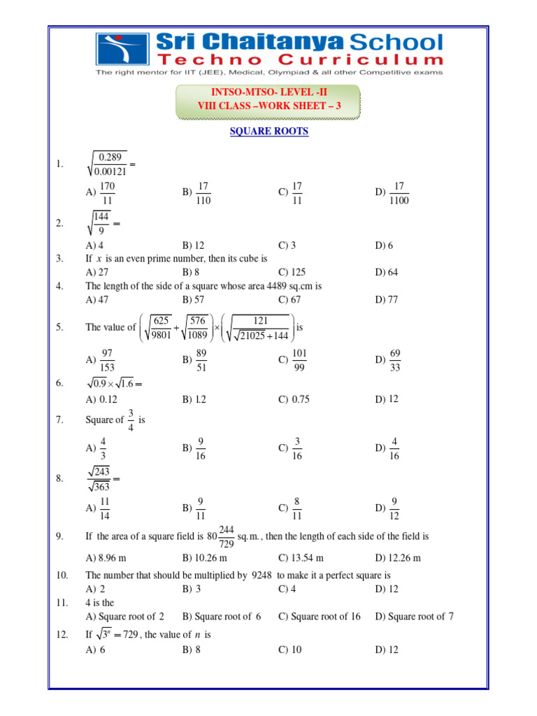 Square Roots - Intso - Mtso - Viii Class - WS-3 | PDF | Mathematics ...