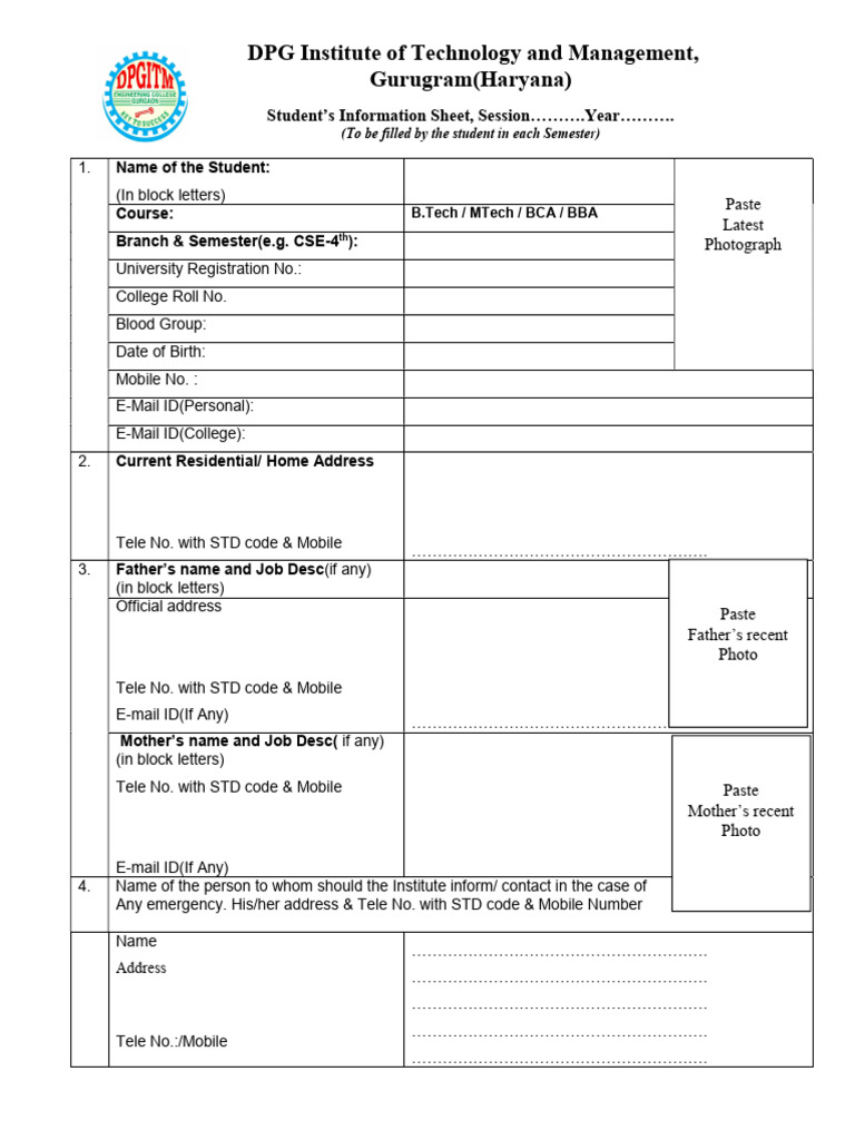 Student Info Sheet For Mentor | PDF