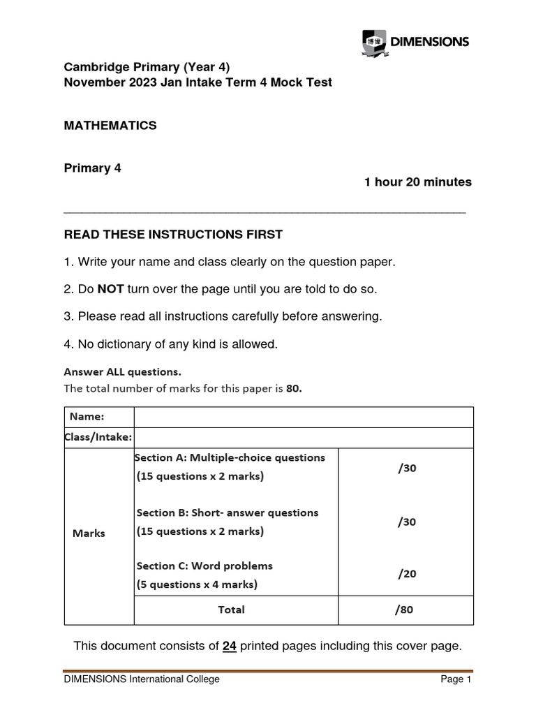Year 4 Cambridge Math Mock Test | PDF | Area | Multiple Choice