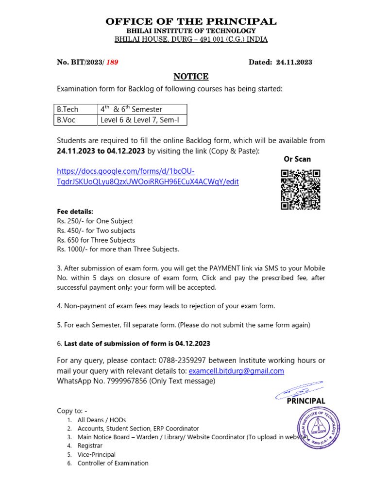 Notice - Backlog Exam Form | PDF