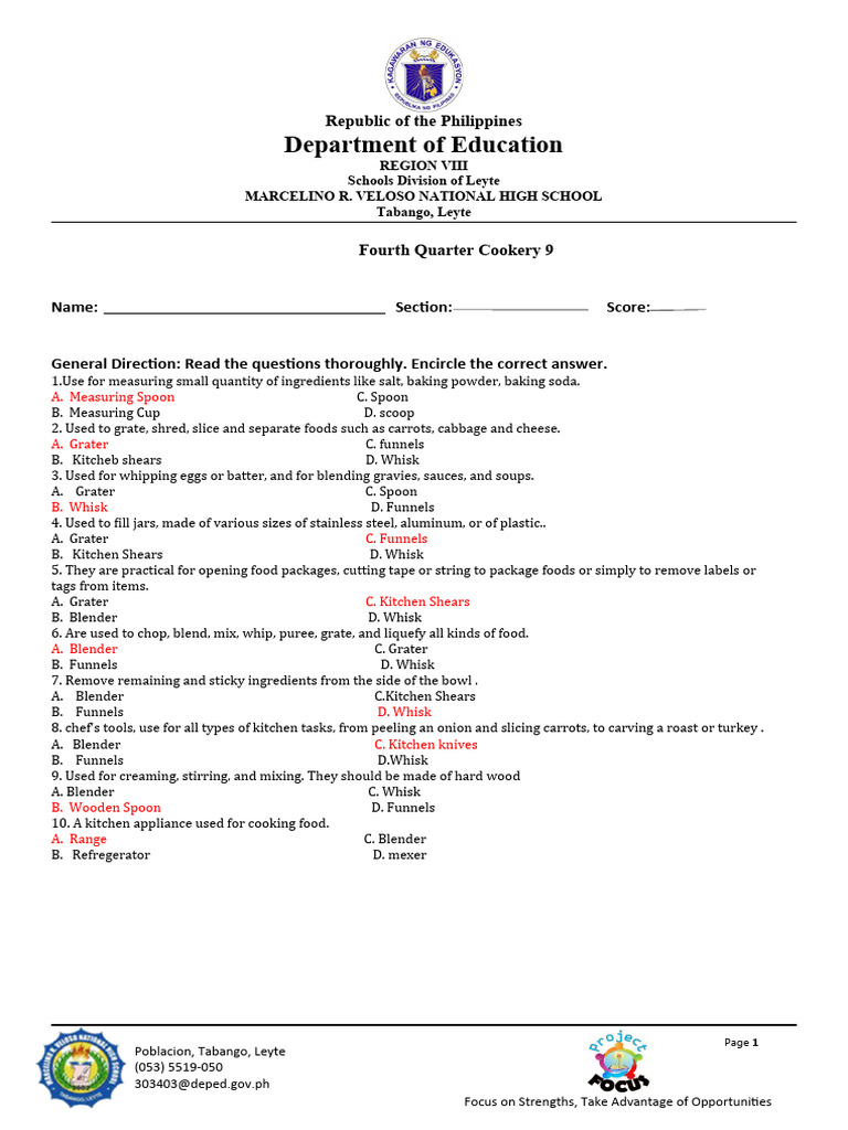 4th Quarter Cookery 9 Exam Answer Key | PDF | Custard | Desserts