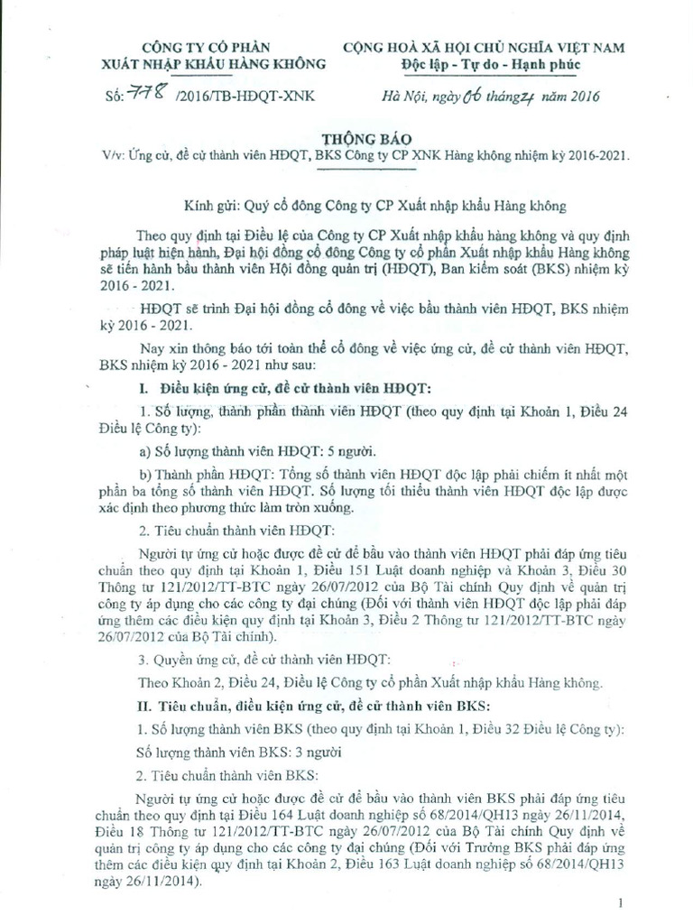 1 - Thong Bao Ung Cu de Cu Thanh Vien Hdqt-Bks | PDF