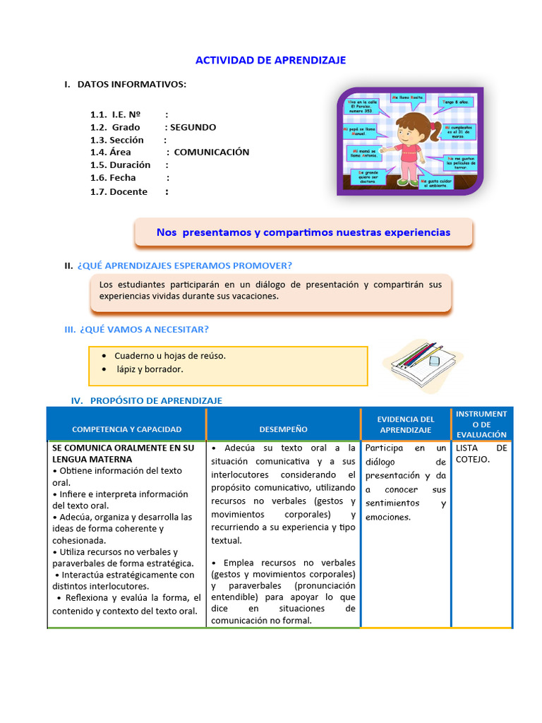 E1 A3 SESION COM Nos Presentamos y Compartimos Nuestras Experiencias | PDF | Evaluación ...