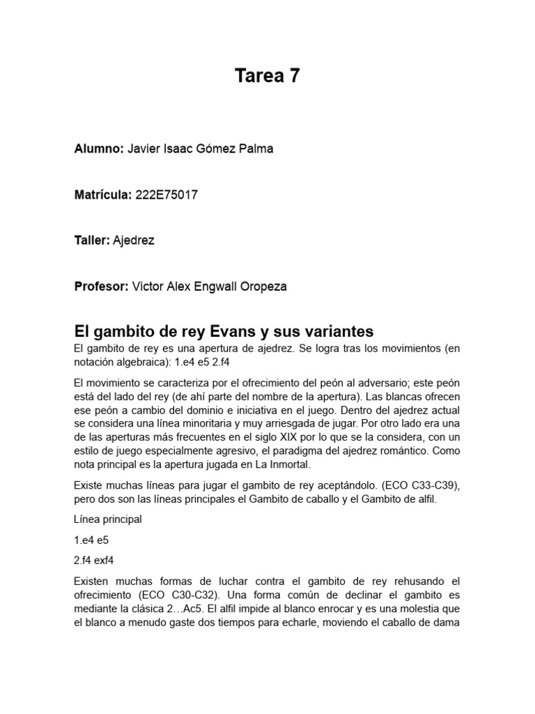 Tarea 7 Ajedrez | PDF | Juegos de mesa tradicionales | Juegos de estrategia abstractos