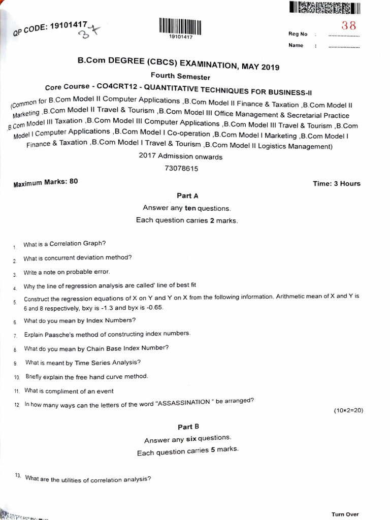 Previous Year Question Paper | PDF | Regression Analysis | Mean