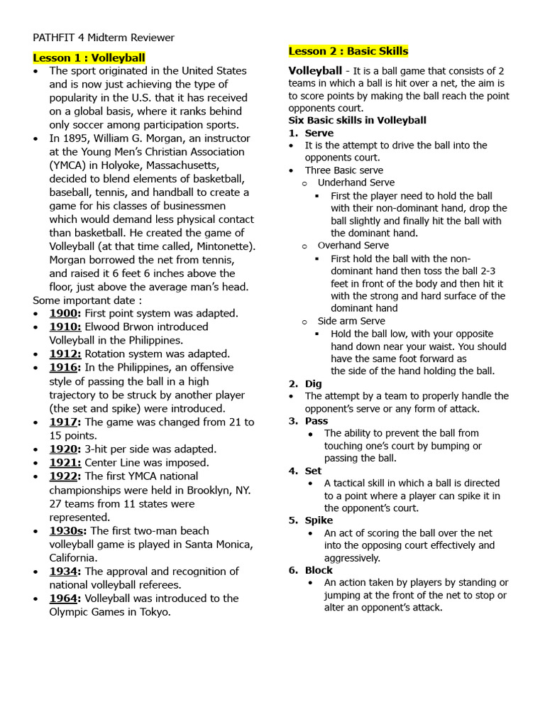 PATHFIT 4 Midterm Reviewer | PDF | Volleyball | Indoor Sports