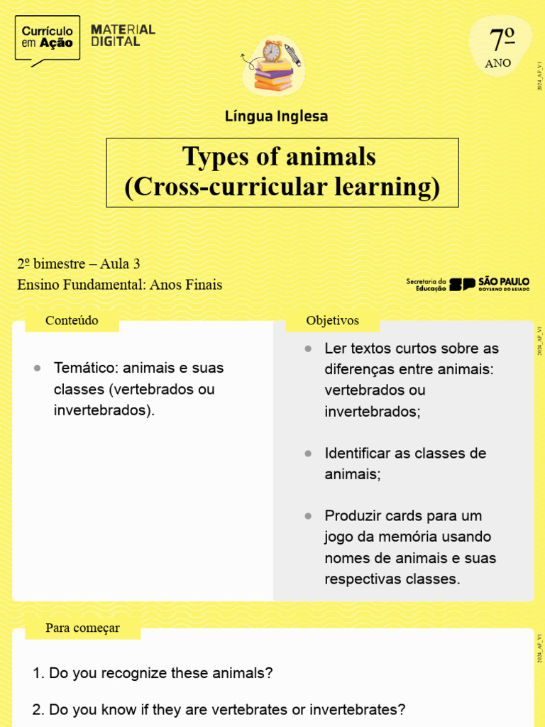 Aula 3 - Types of Animals (Cross-Curricular Learning) | PDF | Skeleton ...