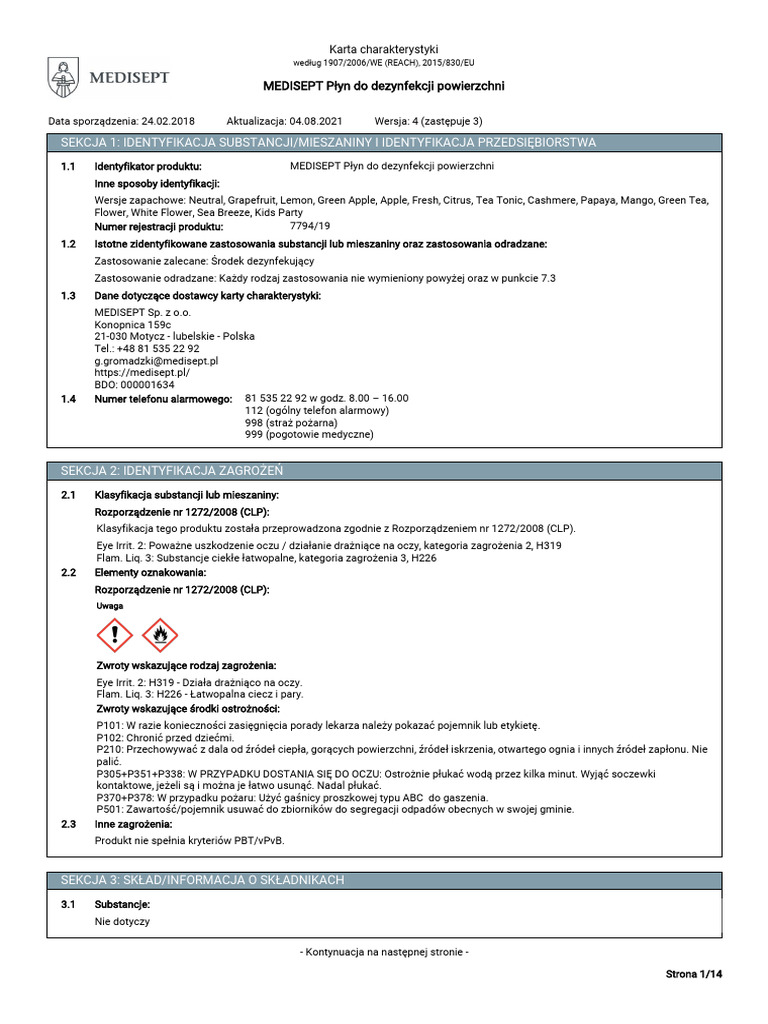 Karta Charakterystyki Medisept Plyn Do Dezynfekcji Powierzchni | PDF