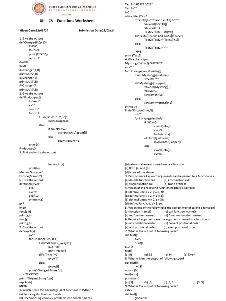 Worksheet - Functions-22.3.24 | PDF