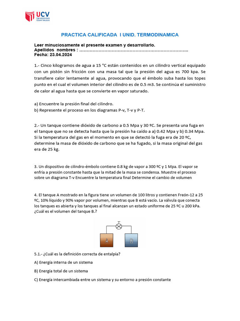 Practica Calificada I Unid. Termodinamica Ucv | PDF