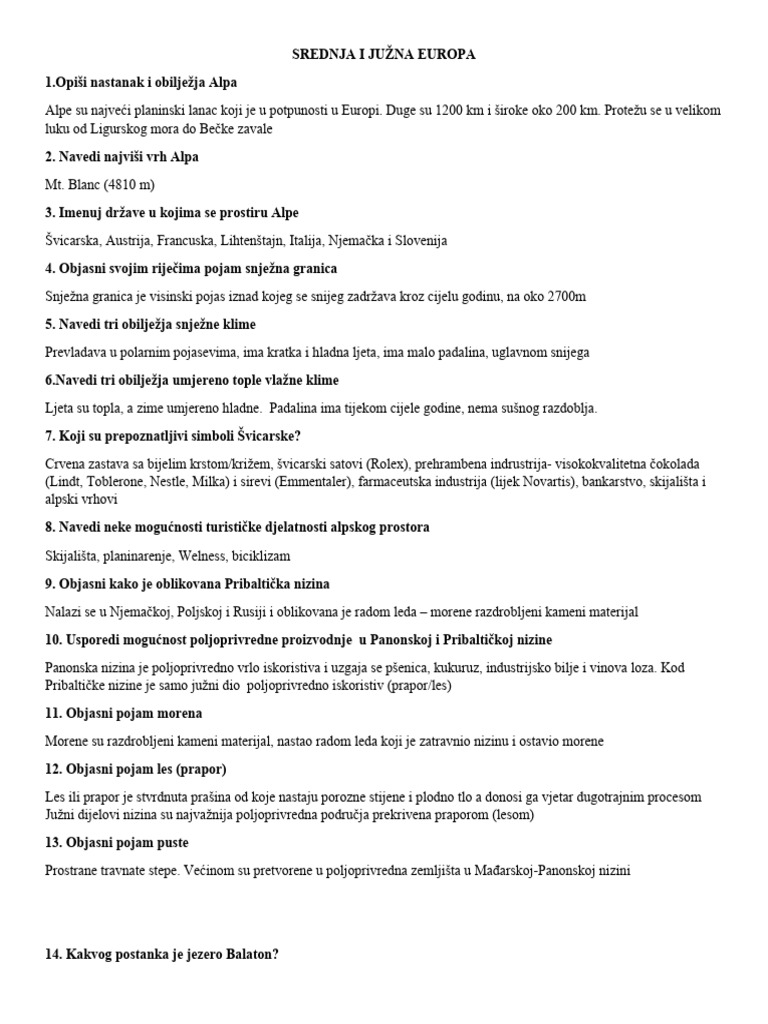 Geografija Srednja I Južna Europa Pitanja Za Test | PDF