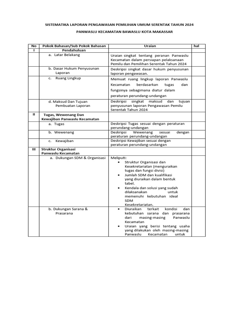 Sistematika Laporan Pengawasan Pemilu Serentak Tahun 2024 | PDF