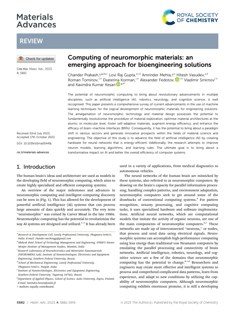 Computing of Neuromorphic Materials An Emerging AP | PDF | Chemical ...