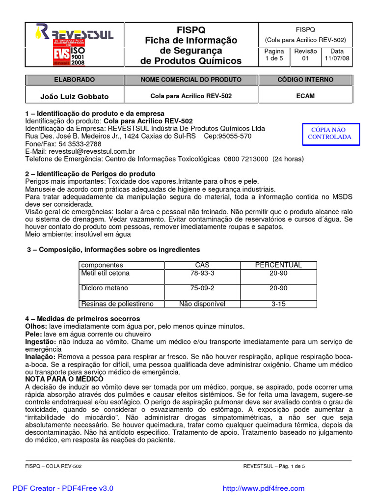 FISPQ Cola para acrilico Rev 502 | PDF | Queimadura | Incêndios