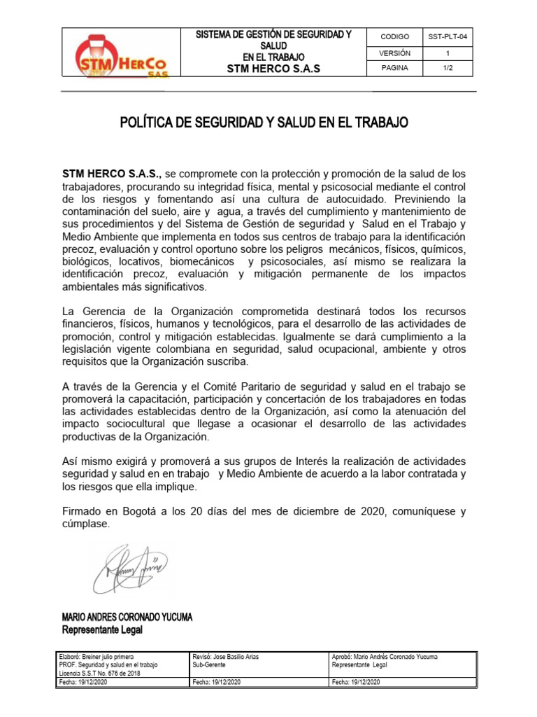 Sst-plt-04-Guía Política de Seguridad y Salud en El Trabajo. Ok | PDF | Entorno natural
