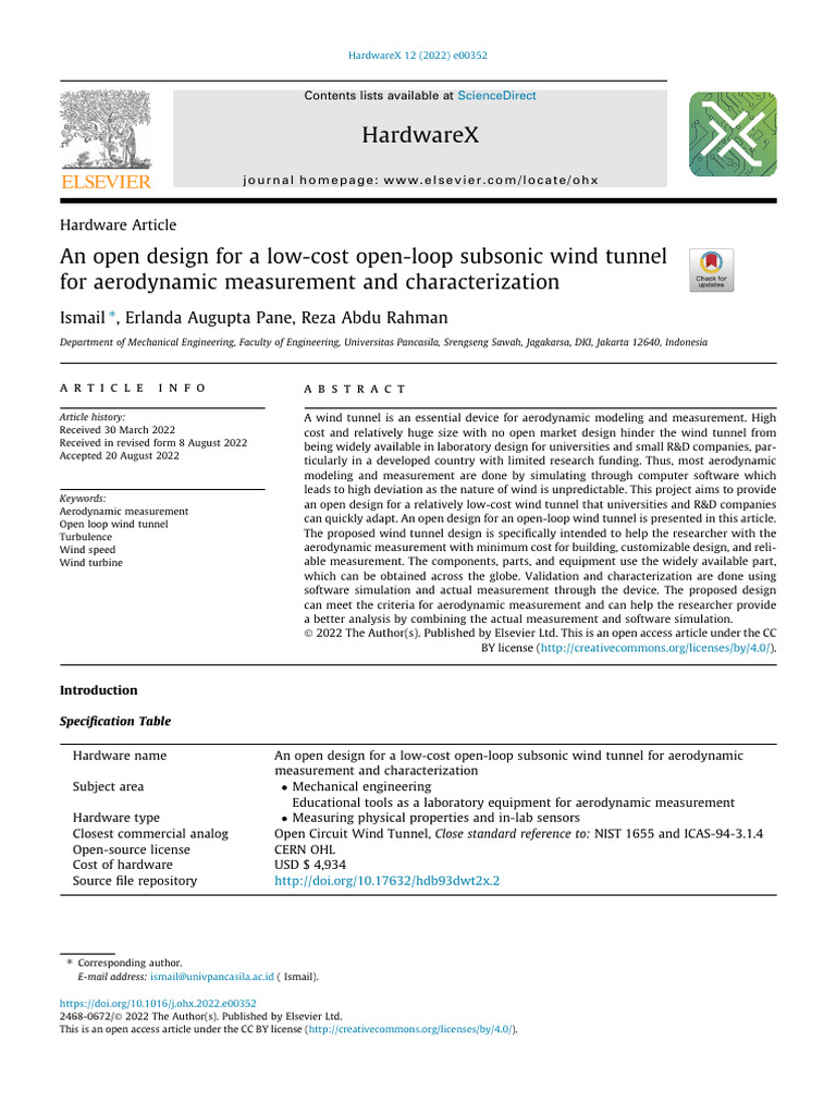 An Open Design For A Low-Cost Open-Loop Subsonic Wind Tunnel | PDF | Wind Tunnel | Aerodynamics