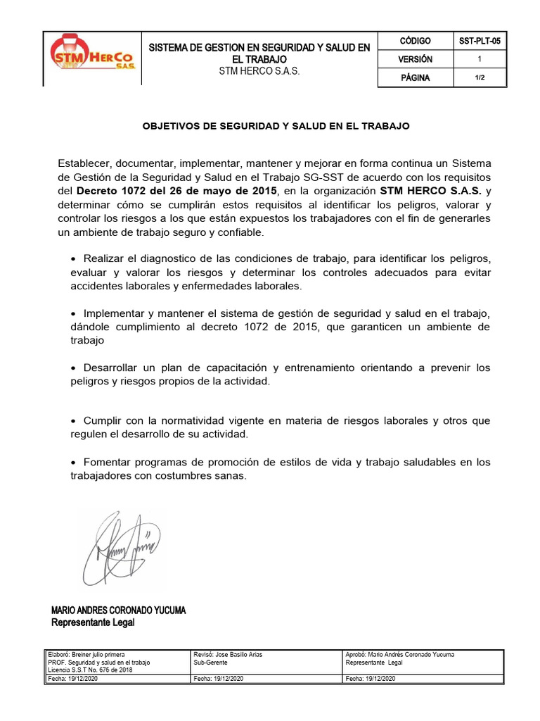 SST-PTL-05 - Objetivos Del Sistema de Gestion | PDF