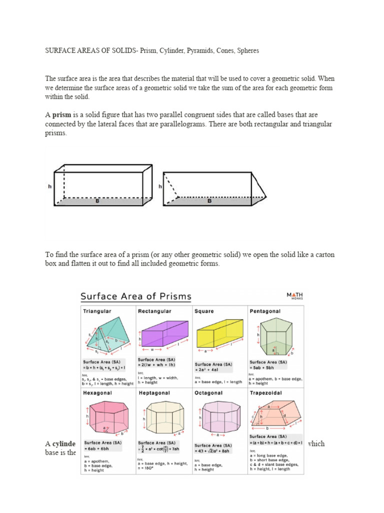 Surface Areas of Solids | PDF | Area | Sphere