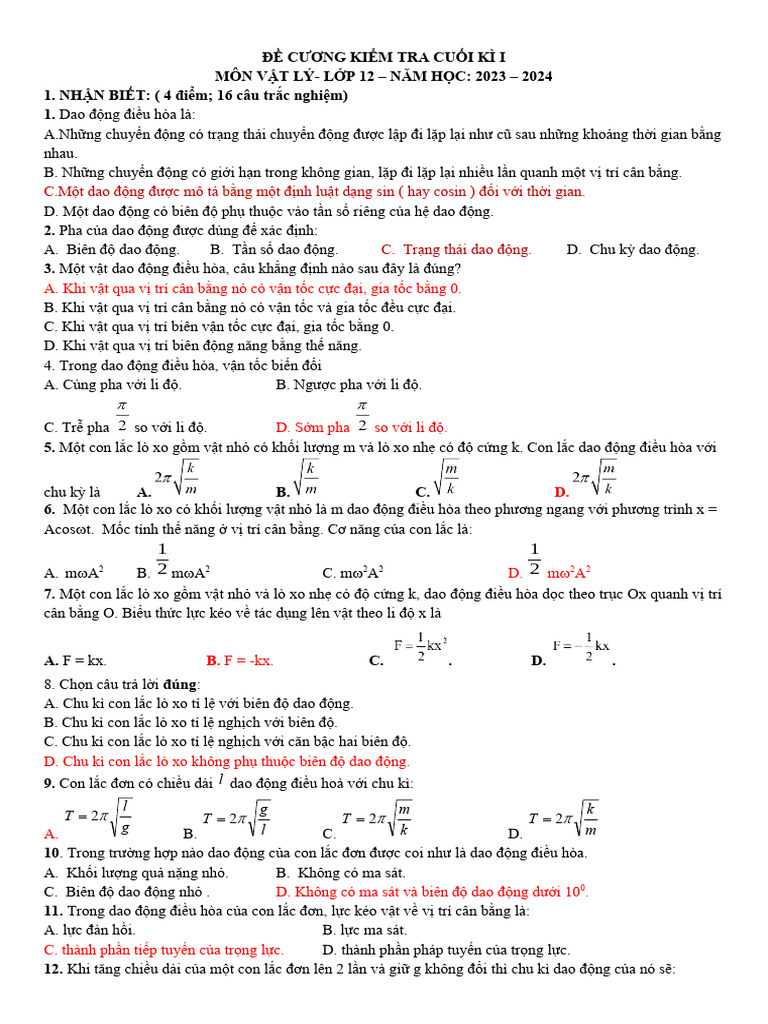 De Cuong Cuoi Ky K12-HK1 2023-2024 | PDF
