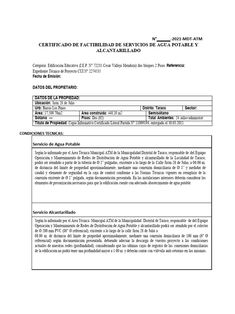 Certificado de Factibilidad de Servicios de Agua Potable y Alcantarillado | PDF | Alcantarillado ...