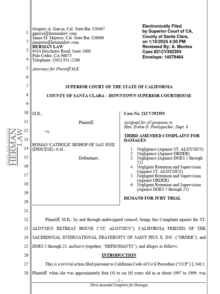 Third Amended Complaint, MK v. ROMAN CATHOLIC BISHOP OF SAN JOSE, Et Al. | PDF | Negligence ...