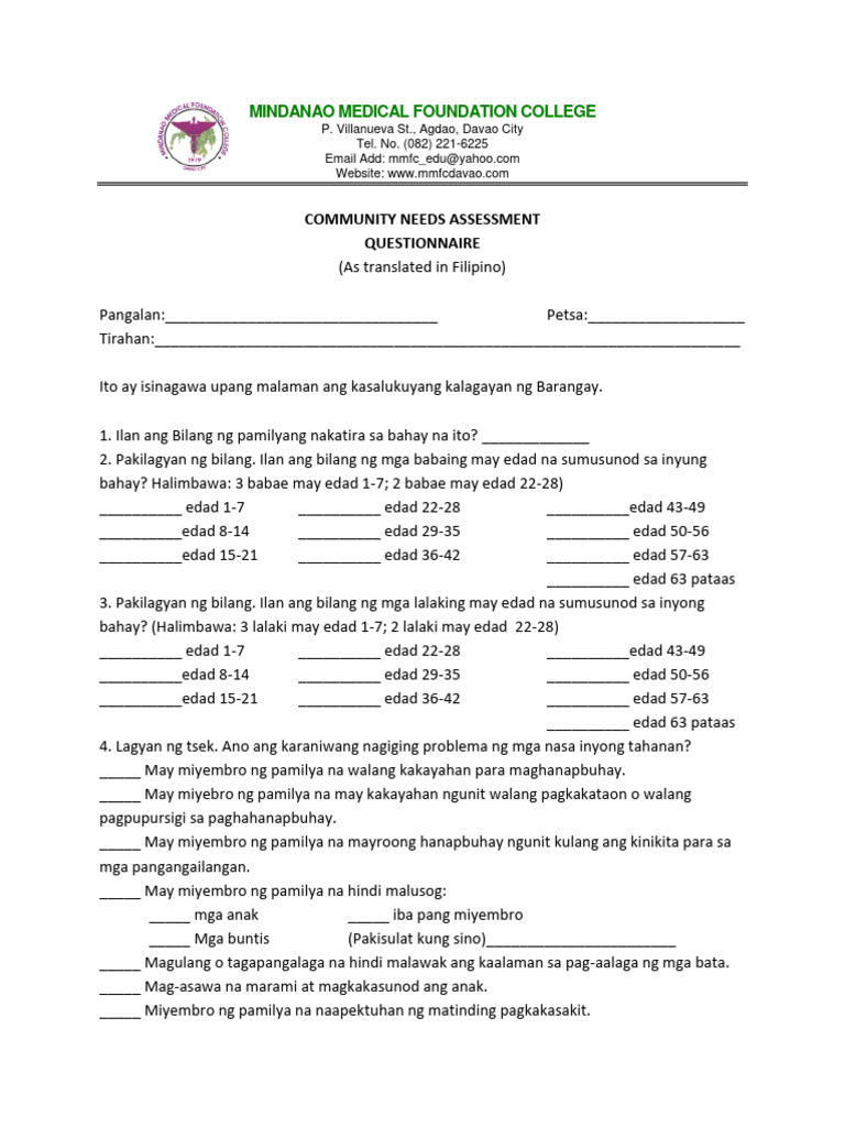 Community Needs Assessment Questionnaire | PDF