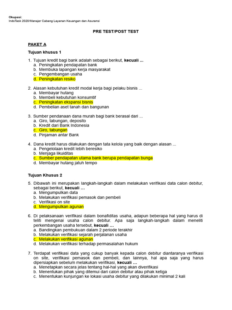 PREPOST TEST - Manajemen Perkreditan Untuk Pemimpin Kredit Profesional ...