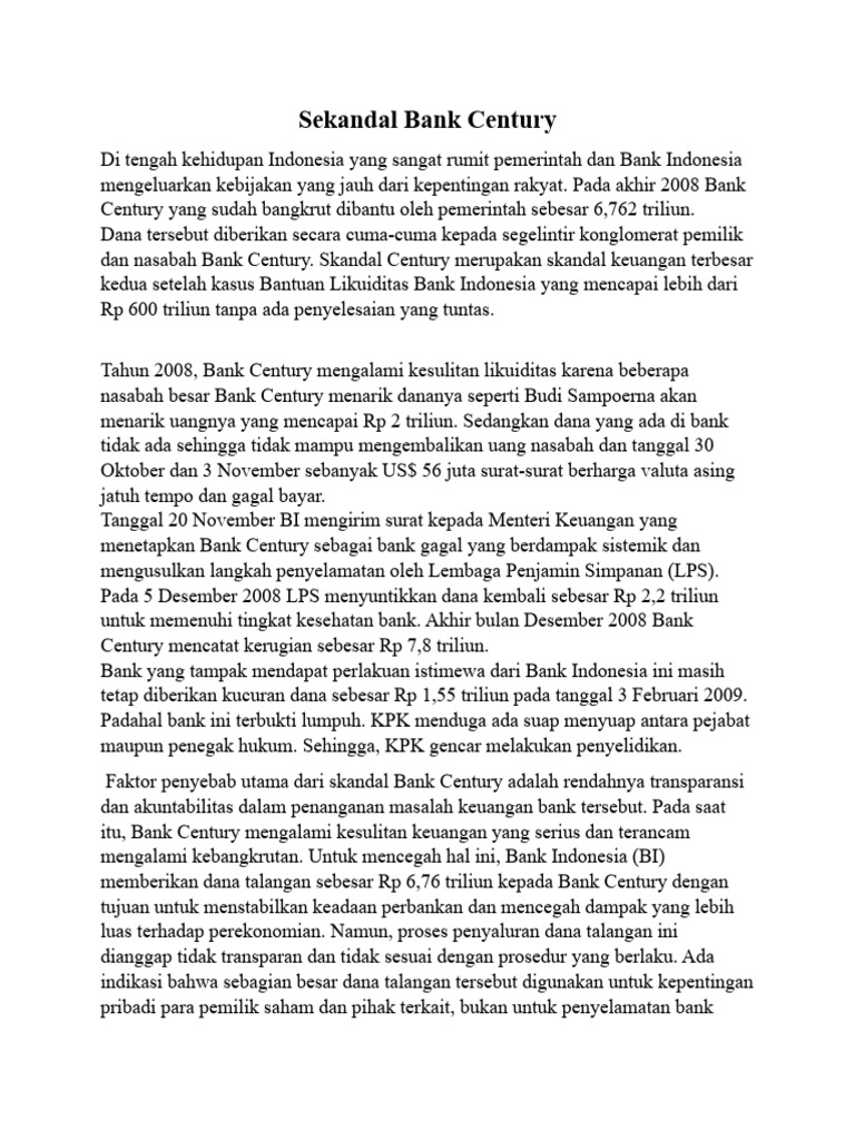 Penyebab Kebangkrutan Bank Century | PDF | Pengelolaan Keuangan & Uang