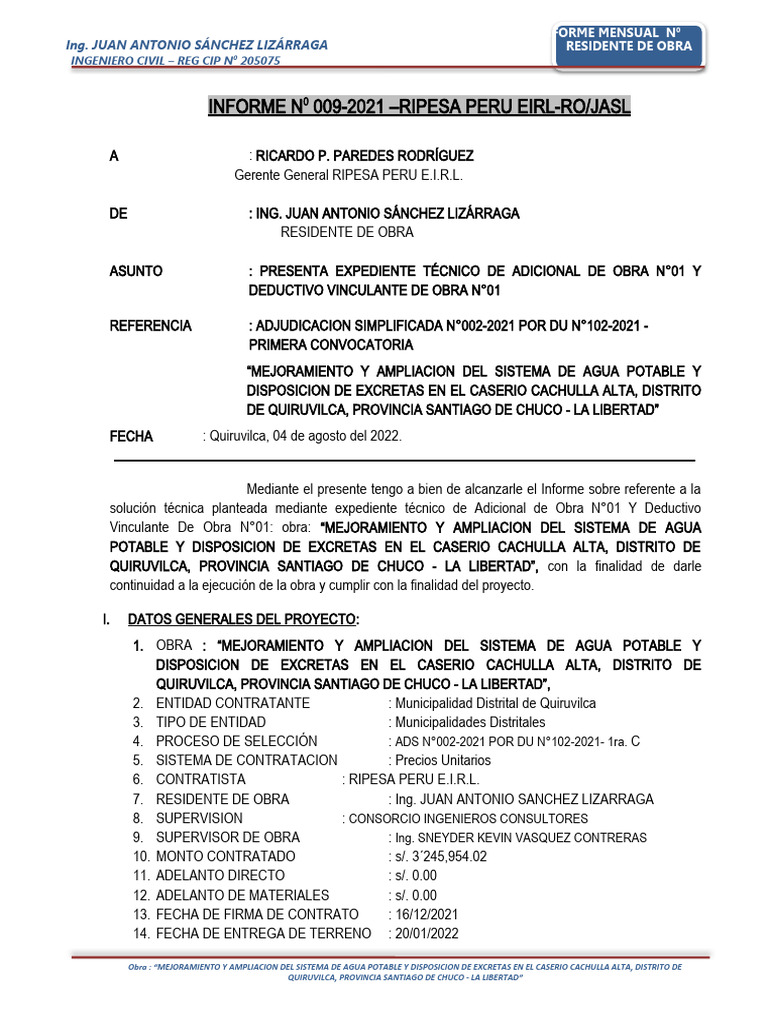 Informe N°09 - Residente - Adicional y Deductivo N°01 | PDF | Presupuesto | Ingeniero civil