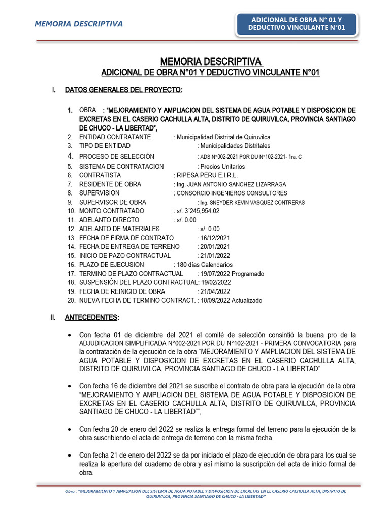 MEMORIA DESCRIPTIVA - ADICIONAL DE OBRA N°01 | PDF | Tubería (transporte de fluidos) | Plomería