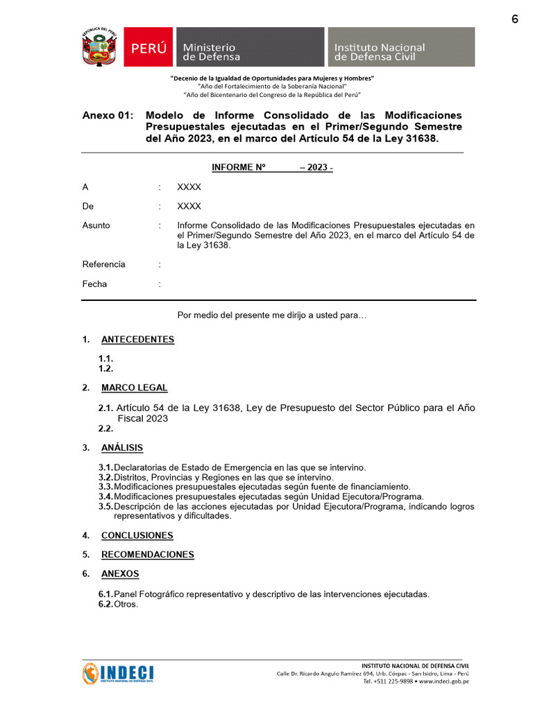 Modelo de Informe - Indeci - Segundo Semestre 2023 | PDF | Gobierno