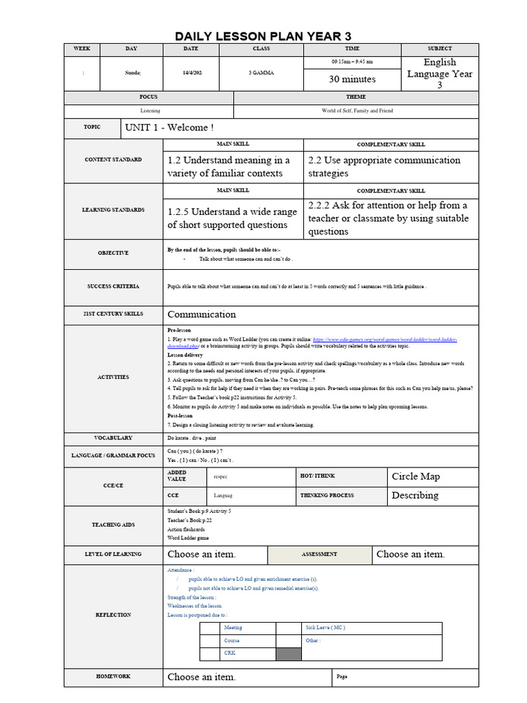 Week 3 - Welcome + Revision Lesson Baru | PDF | Lesson Plan | Teachers