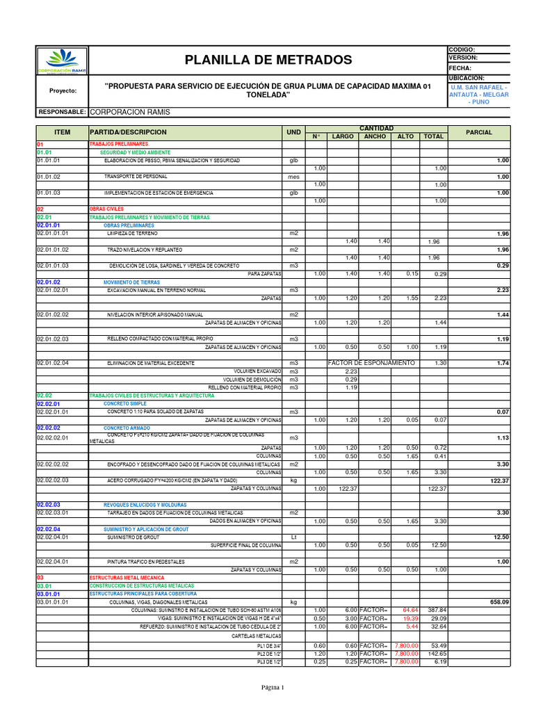 Planilla de Metrados - Grua Pluma de Cap. 1 Ton | PDF | Construyendo tecnología | Material compuesto