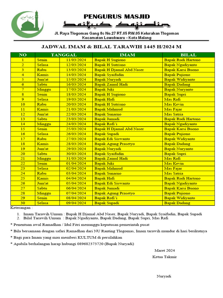 Jadwal Imam Tarawih | PDF