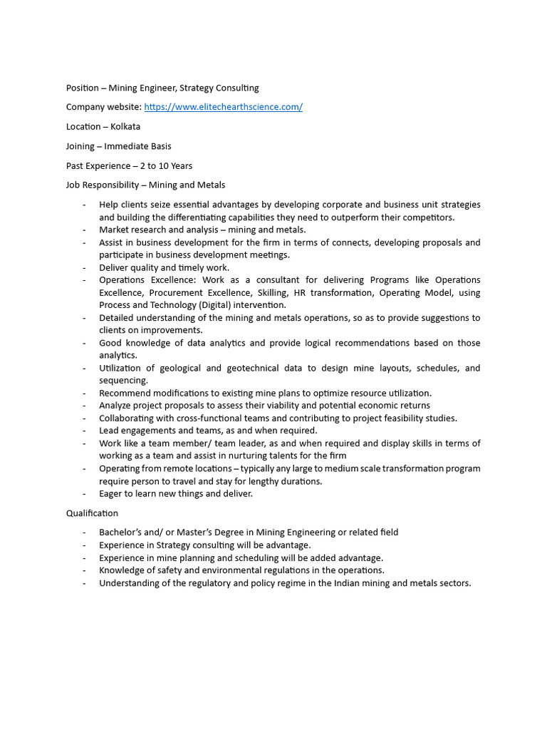 Mining Engineer Consultant Position | PDF