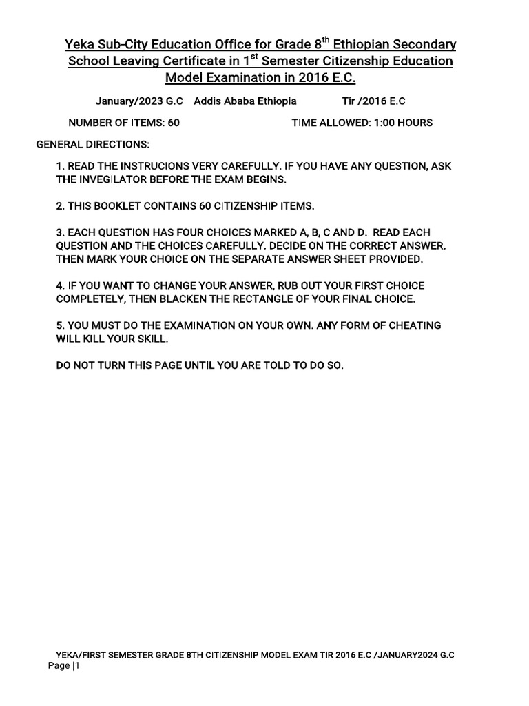 Grade 8 Citizenship Model Exam 2024 | PDF | Democracy | Political ...