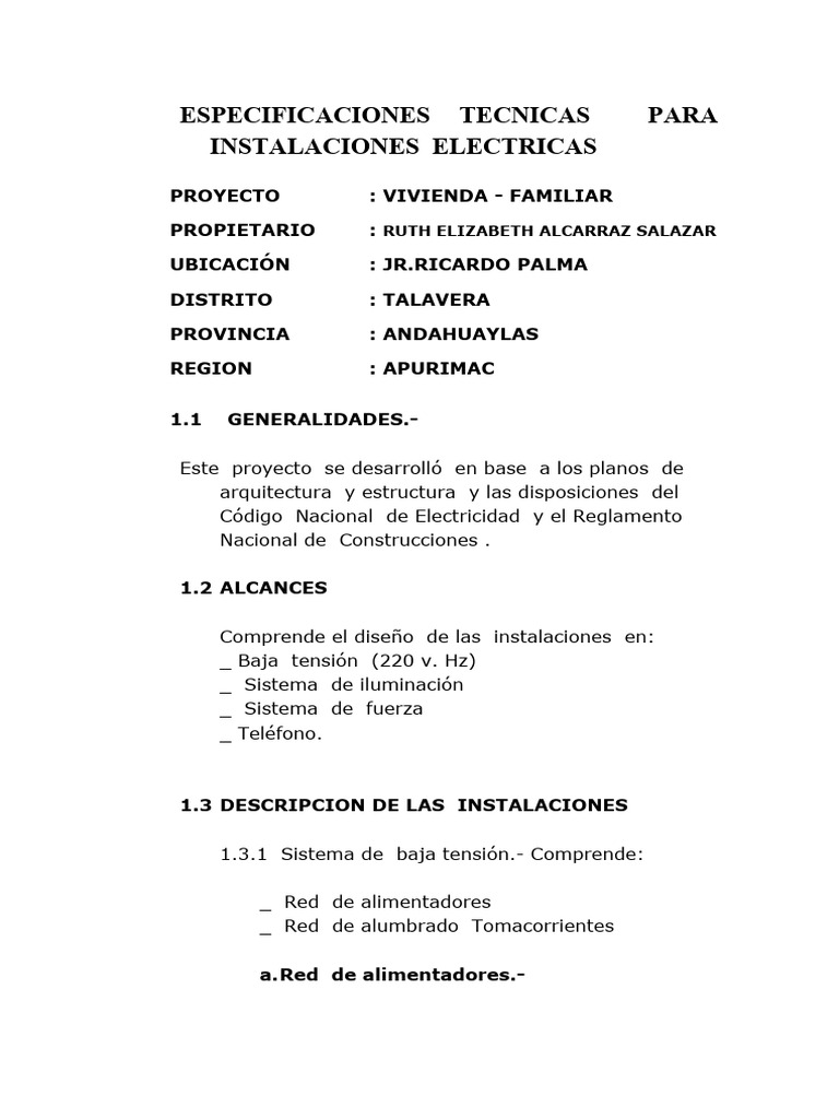 Especificaciones Tecnicas para Instalaciones Electricas | Descargar gratis PDF | Enchufes y ...