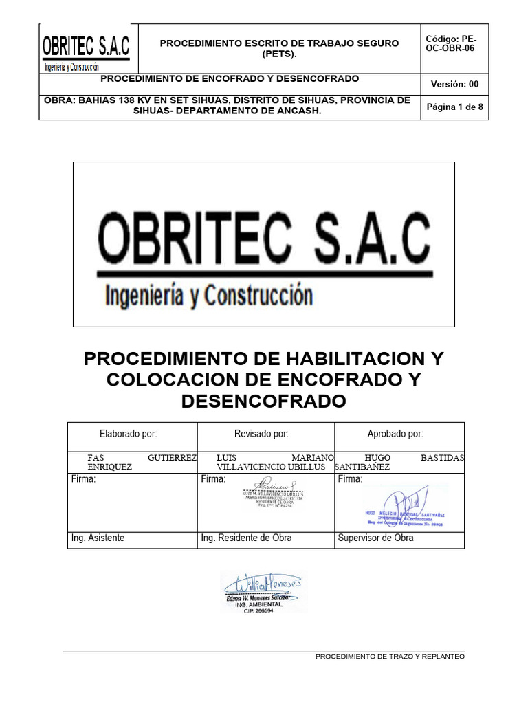 Pe-Oc-Obr-06 Proc Encofrados y Desencofrados | PDF | Hormigón | Madera