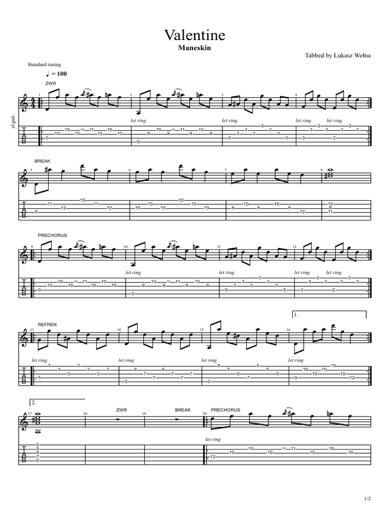 Måneskin - Valentine Guitar Tabs | PDF | Guitar Family Instruments ...