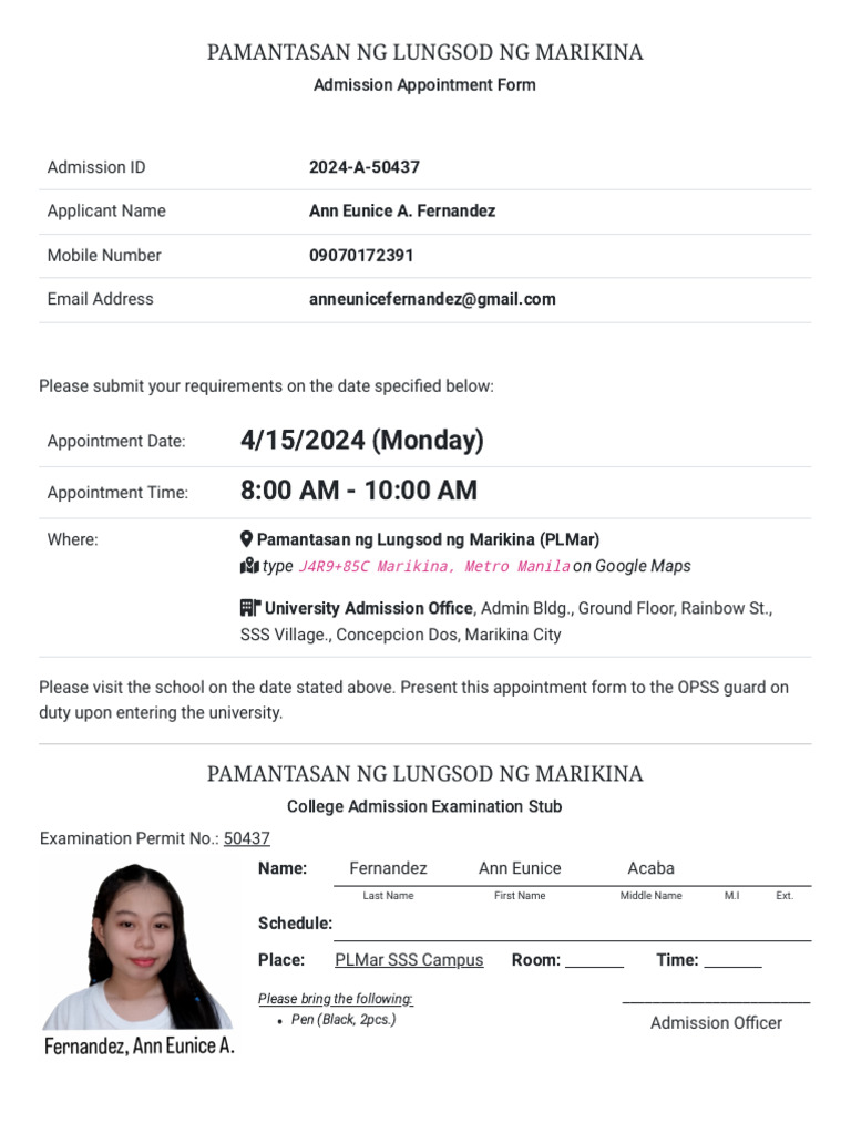 PLMar Admission Form | PDF