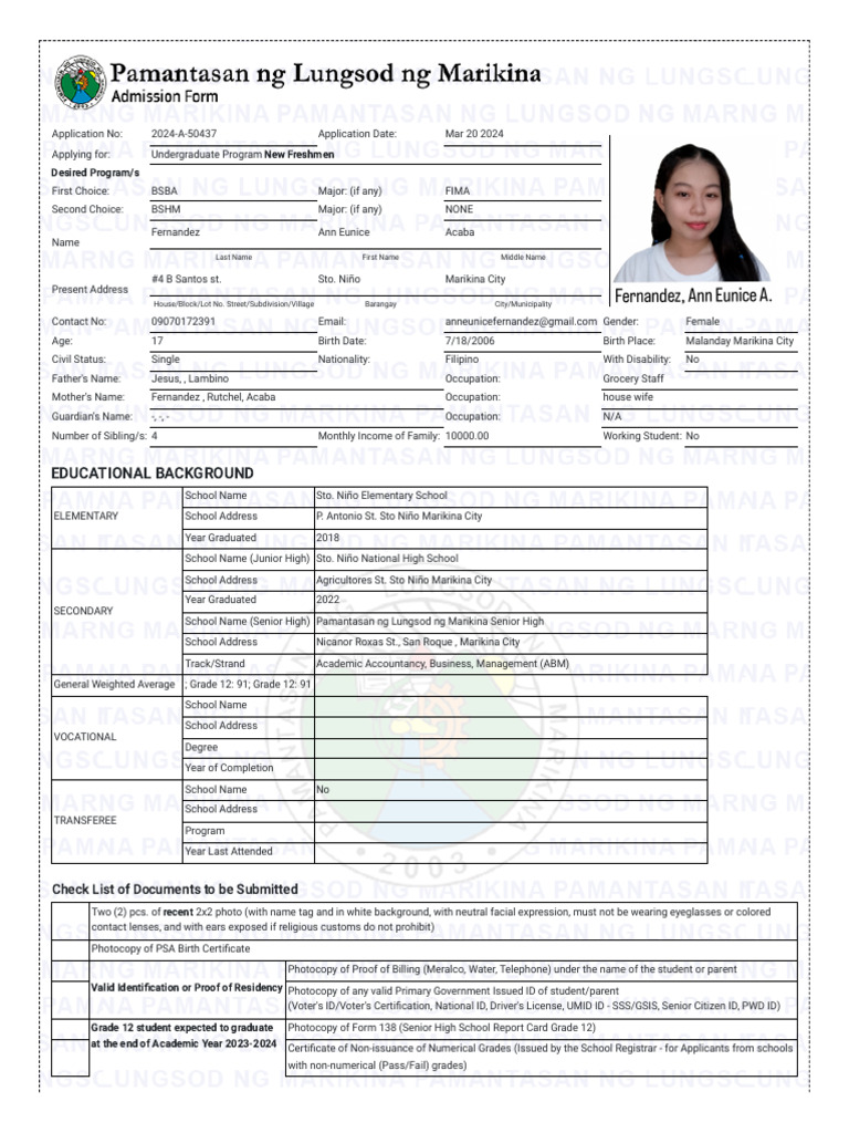 PLMar Admission Form | PDF | Identity Document