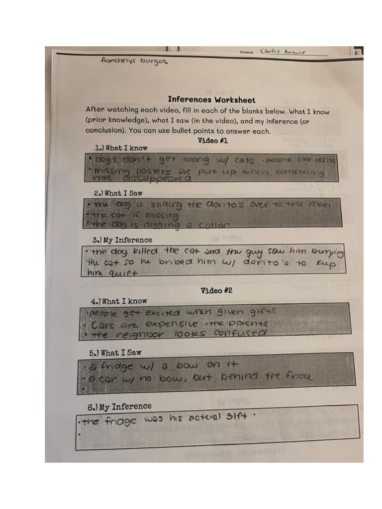 inferences worksheet student example | PDF